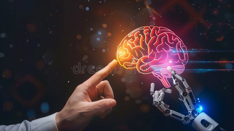 Human Hand Touching a Holographic Brain Interfacing with a Robotic Arm ...