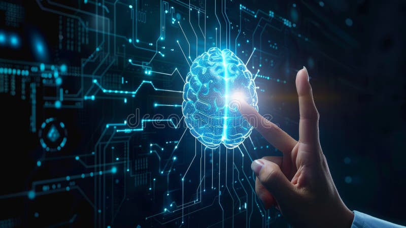 Human Hand Touching a Holographic Brain Interfacing with a Robotic Arm ...