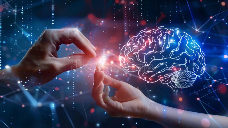 Human Hand Touching a Holographic Brain Interfacing with a Robotic Arm ...