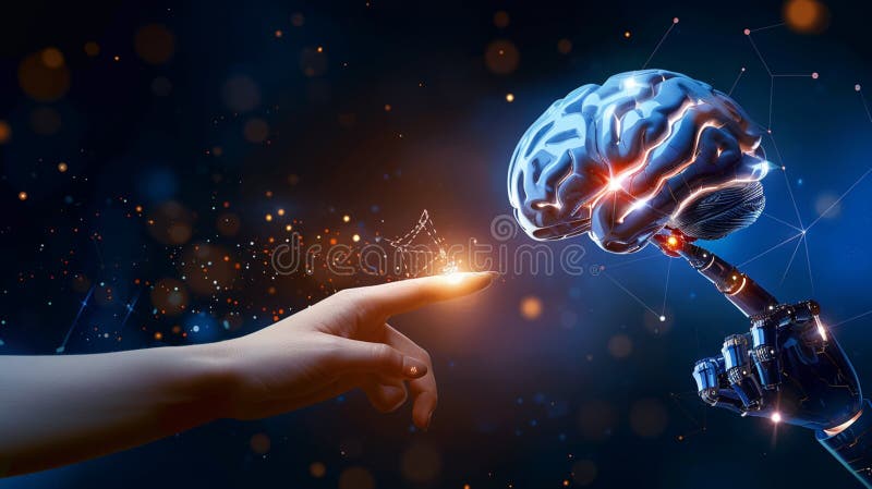 Human Hand Touching a Holographic Brain Interfacing with a Robotic Arm ...