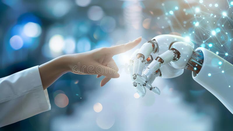 Human Hand Touching Robot Artificial Intelligence Stock Illustration - Illustration of ...