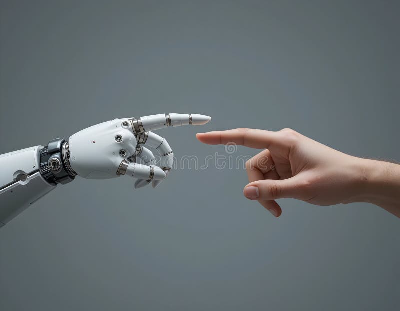 Human Hand Touching Robot Hand Contact Pointing on Plain Background ...