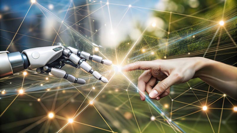Human Hand Touching Robot Hand Touching Large Network Connection ...