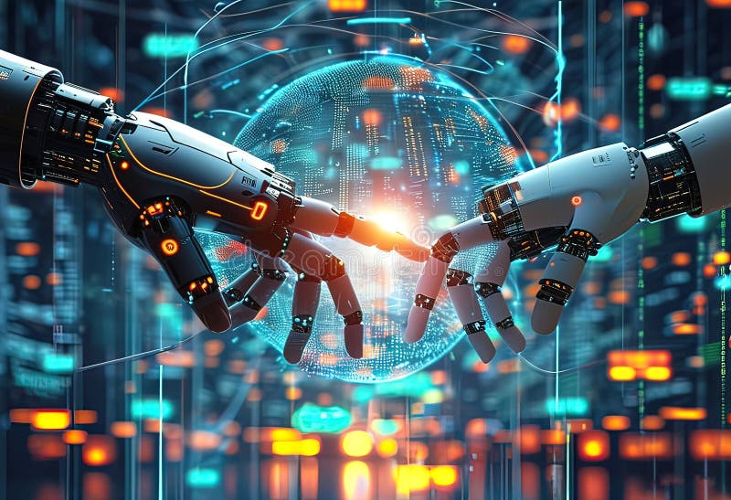 Human Hand Touching Robot Hand Touching Large Network Connection ...