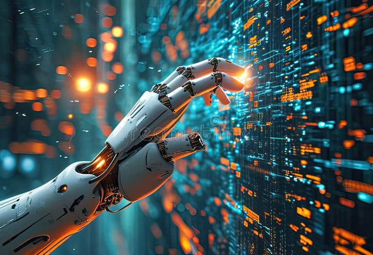 Human Hand Touching Robot Hand Touching Large Network Connection ...