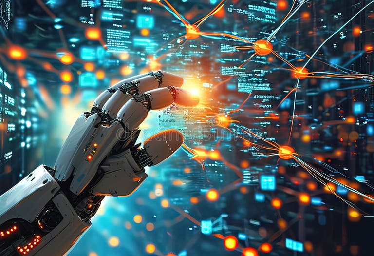 Human Hand Touching Robot Hand Touching Large Network Connection ...