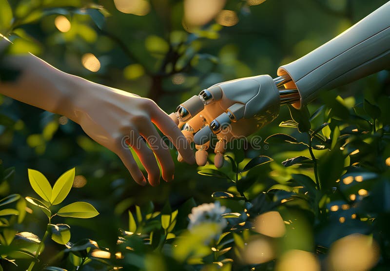 Human Hand Touching a Robotic Hand Amid Green Leaves with Glowing ...