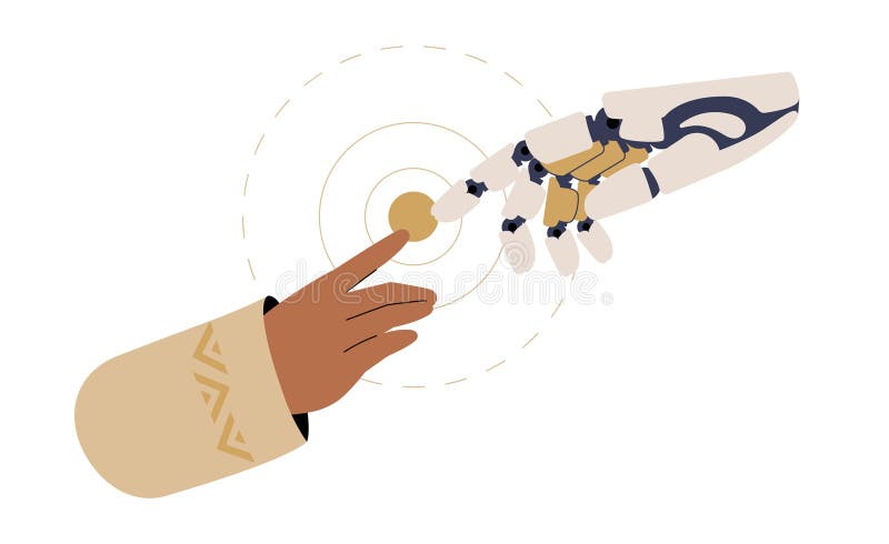 Human Hand Touching Robotic Finger in Flat Vector Illustration ...