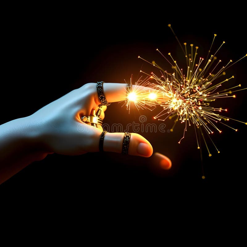 Human Hand Touching a Robotic Finger with Visible Sparks of Connection ...