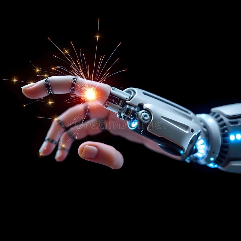 Human Hand Touching a Robotic Finger with Visible Sparks of Connection ...