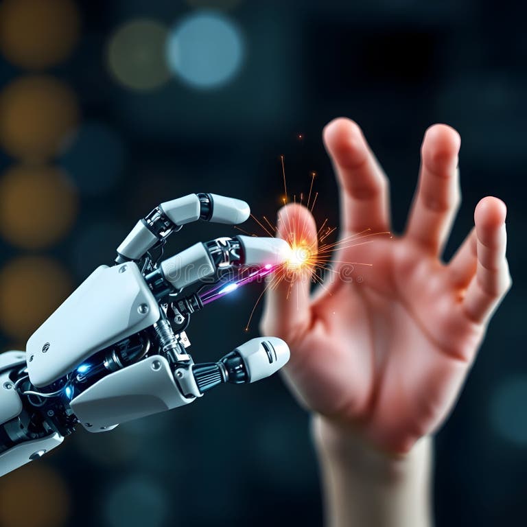 Human Hand Touching a Robotic Finger with Visible Sparks of Connection ...