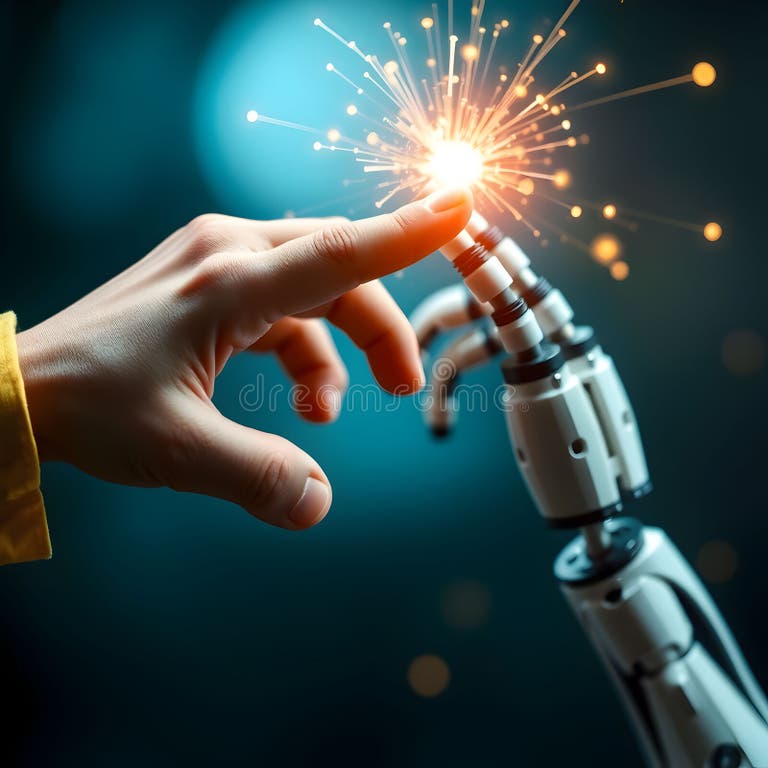 Human Hand Touching a Robotic Finger with Visible Sparks of Connection ...