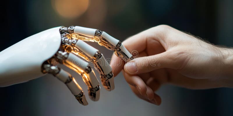 Human Hand Touching Robotic Hand with Illuminated Joints Stock ...