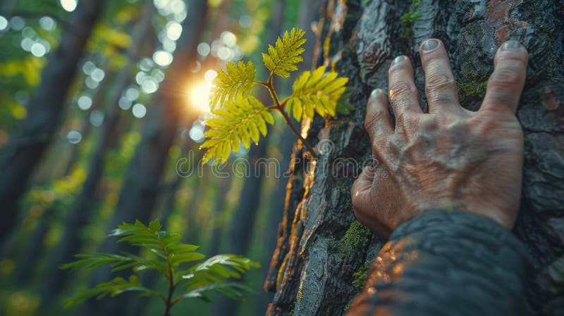 Human Hand Touching Tree Bark in Lush Forest with Sunlight Stock ...