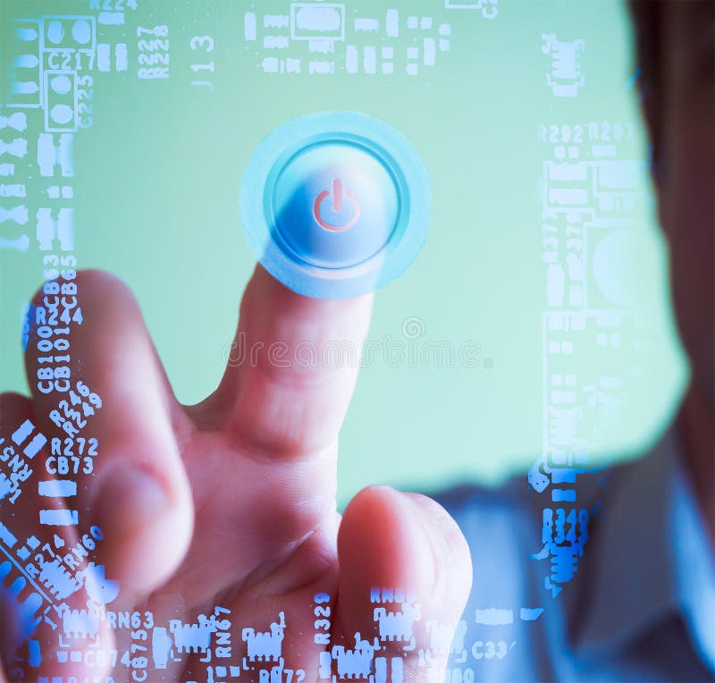 Human Hand Touching an Virtual Power Button Stock Photo - Image of ...