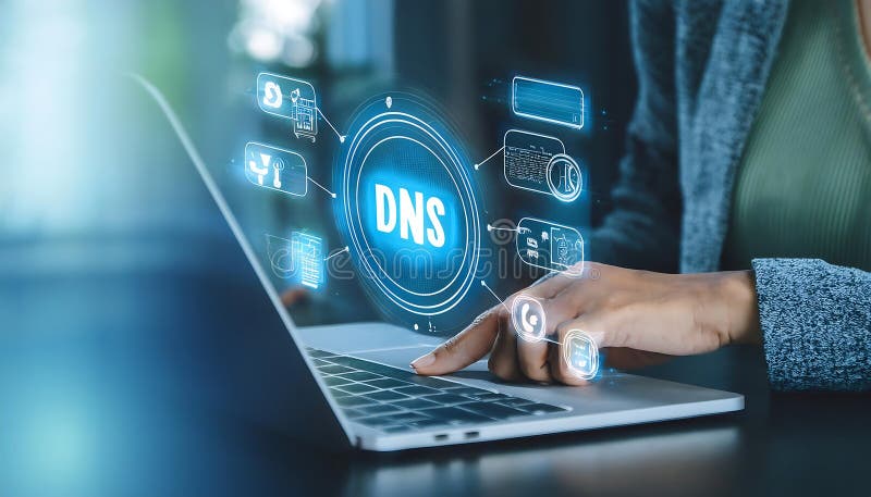 Human Hand Using Laptop with DNS Domain Name Icon Displayed in ...