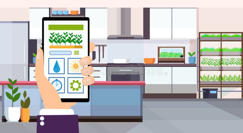 Human Hand Using Mobile App Smart Control Plants Growing System Concept ...