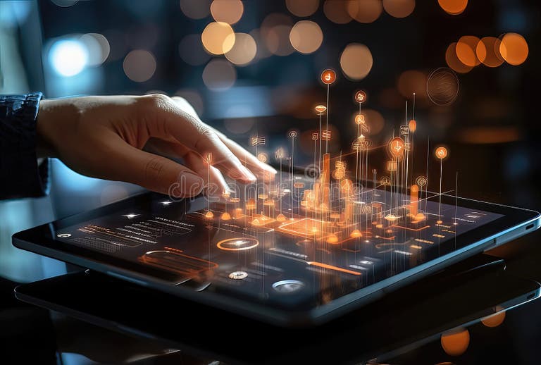 Human Hand Using Tablet Pc with Glowing Business Chart Stock ...