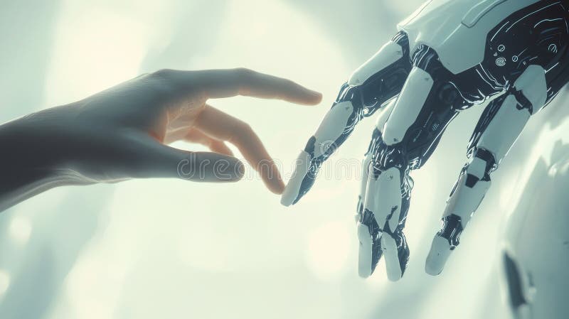 Human Hand Vs Robot Hand Touching Digital World and Virtual Graphic ...