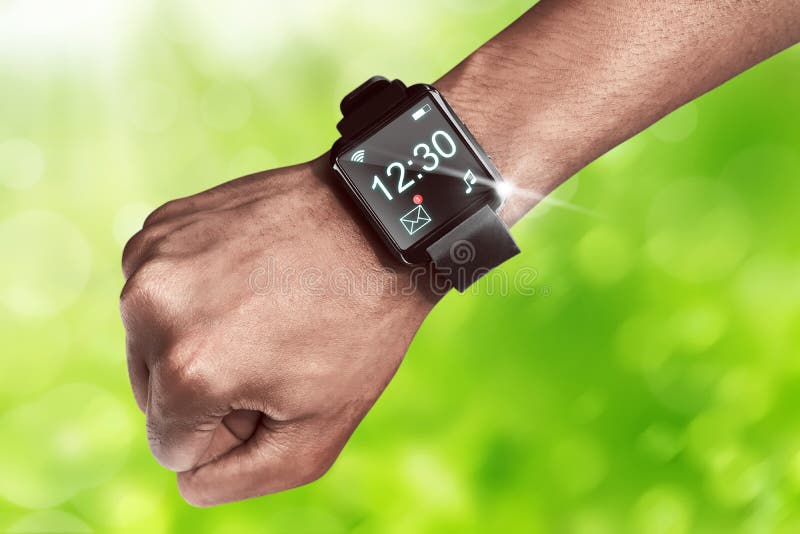 Human Hand Wearing Smart Watch Stock Photo - Image of innovation, green ...