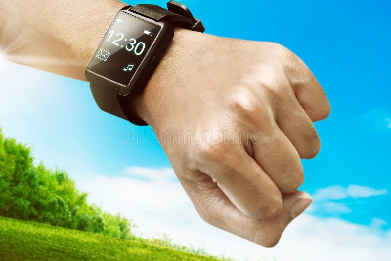 Human Hand Wearing Smart Watch Stock Image - Image of green, device ...
