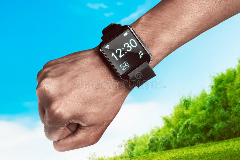 Human Hand Wearing Smart Watch Stock Image - Image of electronic ...