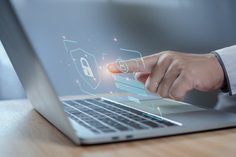 Human Hand Working on Computer and Protection Icon. Represents the Code ...