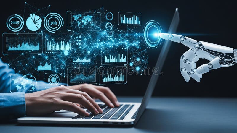 Human Hand Working with Robotic Arm on Laptop Computer Displaying ...