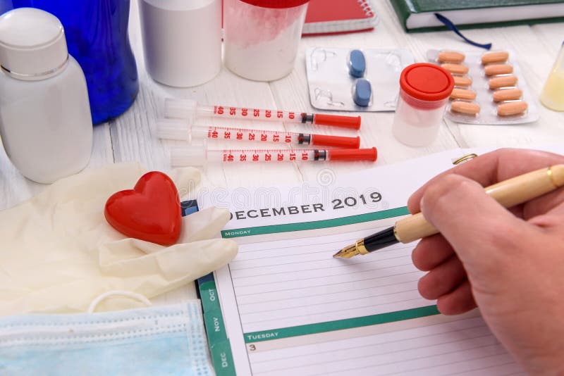 Human Hand Writing in Diary with Medical Supplies Stock Image - Image ...