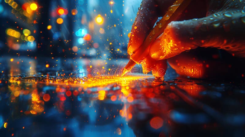 Human Hand Written with Pen on the Surface with Spark Light Glitter ...