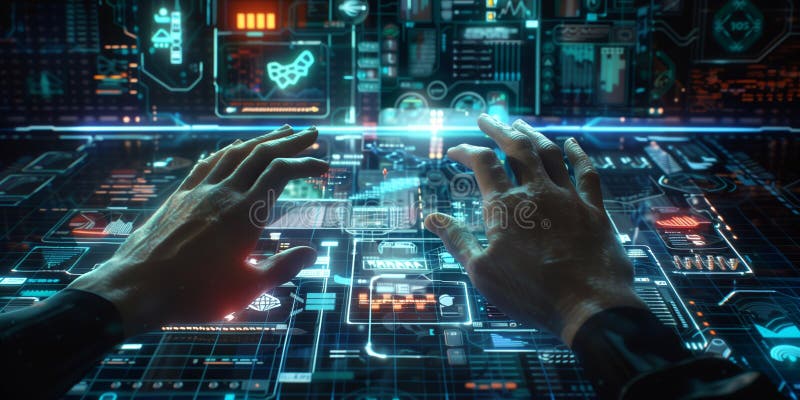 Human Hands Above Big Digital Sensory Screen with Many Symbols and ...