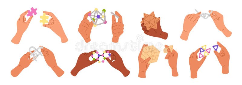 Human Hands Assemble Different Puzzles. Logic Games. Arms Collecting ...