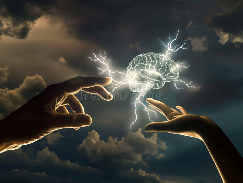 Human Hands and Brain with Lightning in Dark Sky Stock Photo - Image of ...