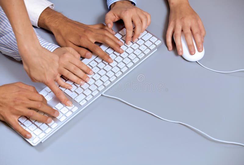 Human Hands on Computer Keyboard with One Hand Using Computer Mouse ...