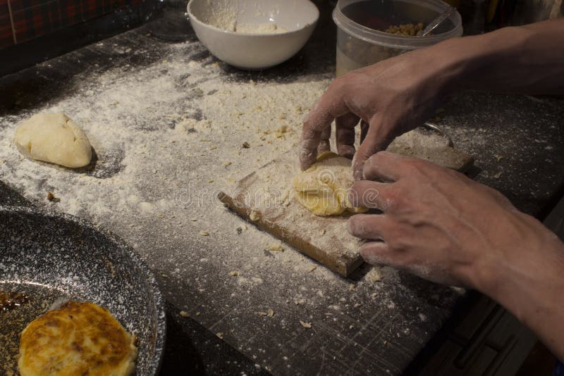 Human Hands Cooking with Flour in Kitchen Near Pot with Meal Stock ...