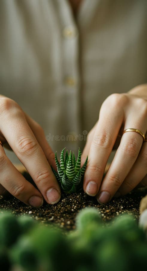 Human Hands Create a Miniature Florarium by Planting Small Plants and ...