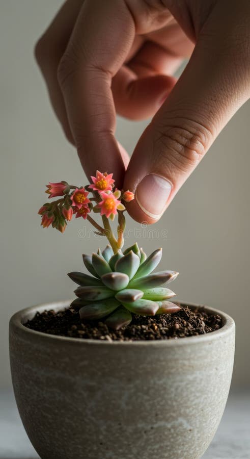 Human Hands Create a Miniature Florarium by Planting Small Plants and ...