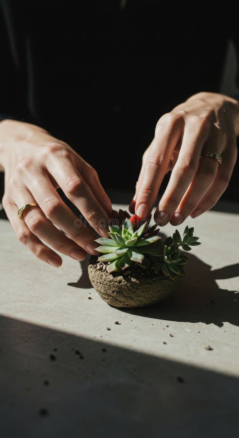 Human Hands Create a Miniature Florarium by Planting Small Plants and ...