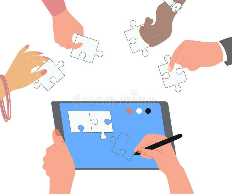 Human Hands Creating Puzzles on a Tablet, Multinational Colleagues or ...