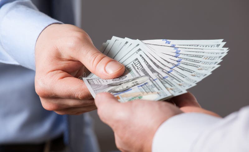 Human Hands Exchanging Money on Blue Background Stock Image - Image of ...