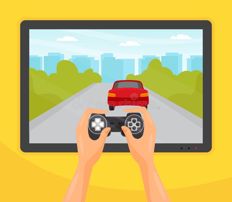 Human Hands with Gamepad Playing Video Racing Game Vector Illustration ...