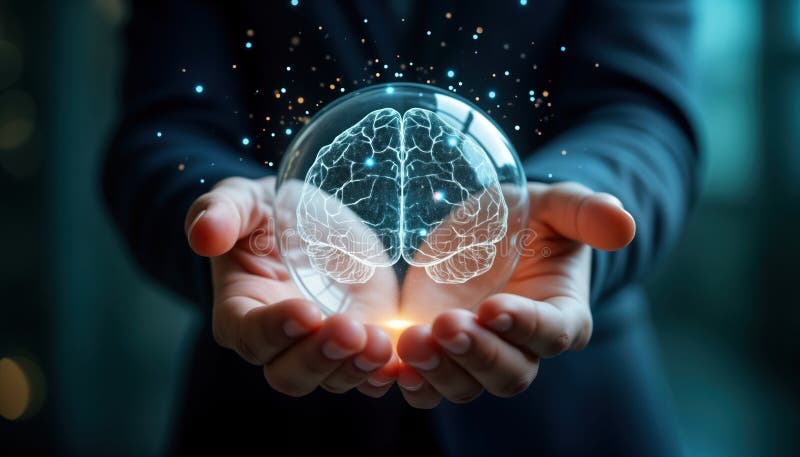 Human Hands Hold Glowing Transparent Orb with Projected AI Brain Image ...