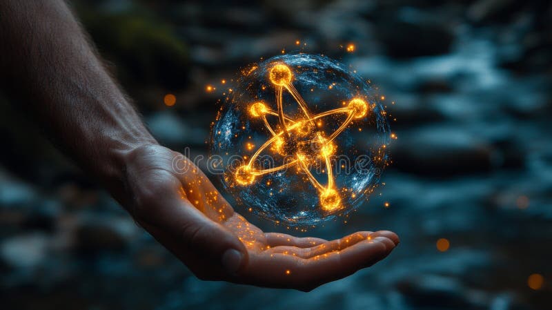 Human Hands Hold a Gold and Blue Atom Stock Illustration - Illustration ...