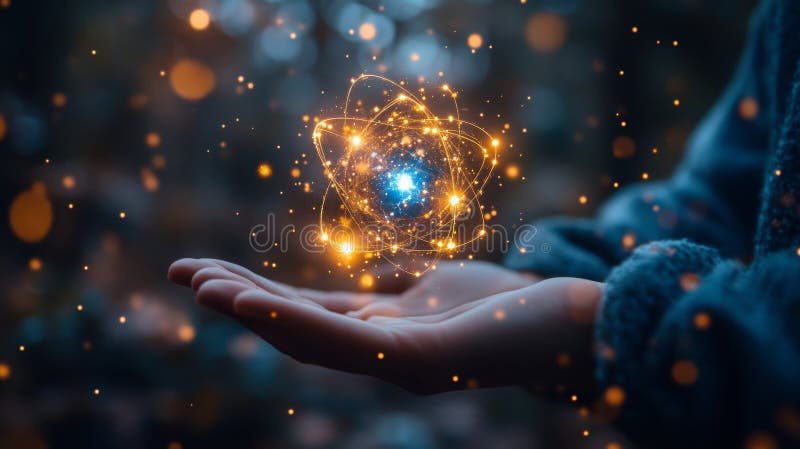 Human Hands Hold a Gold and Blue Atom Stock Illustration - Illustration ...