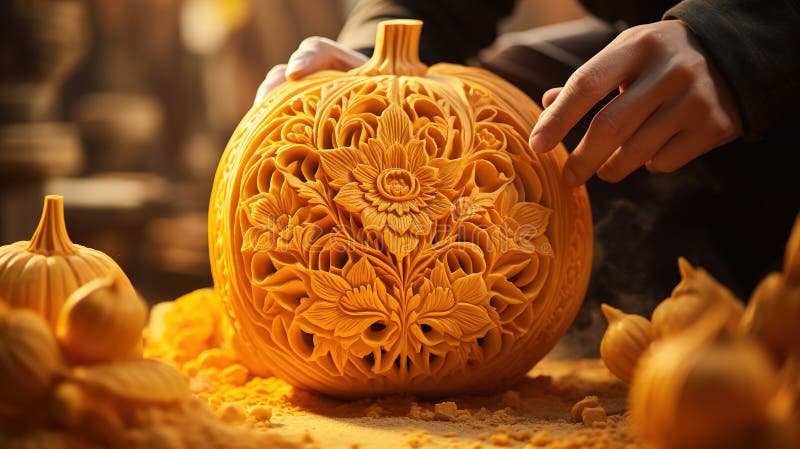 A Human Hands Hold a Pumpkin Being Carved with Pattern. Generative Ai ...