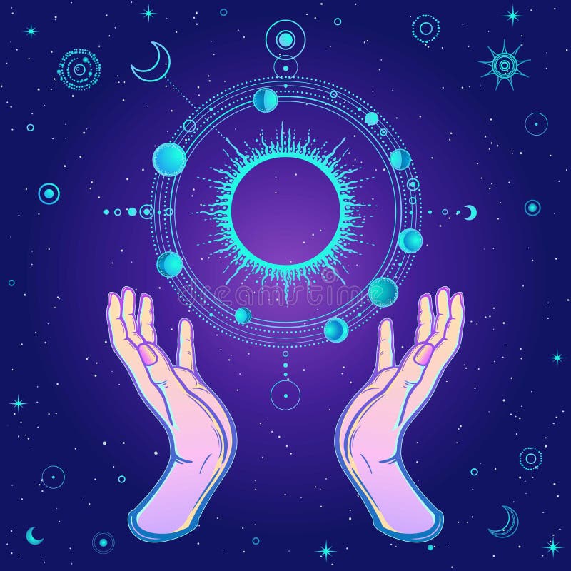 Human Hands Hold a Stylized Solar System, Cosmic Symbols, Stars. Stock ...