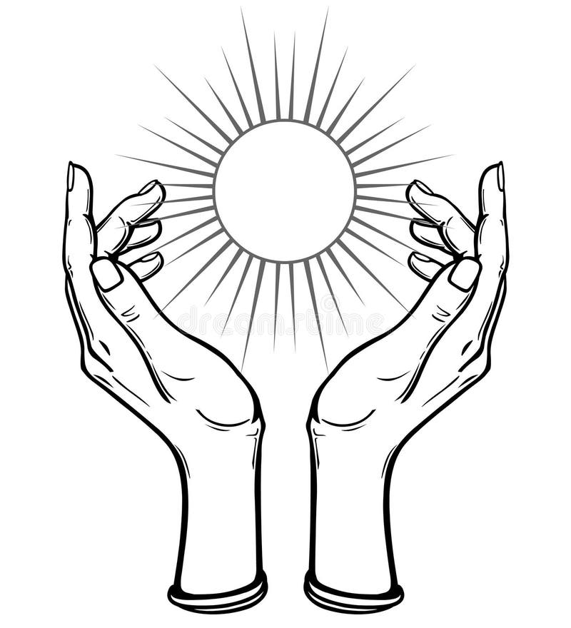 Human Hands Hold a Symbol of the Shining Sun. Stock Vector ...