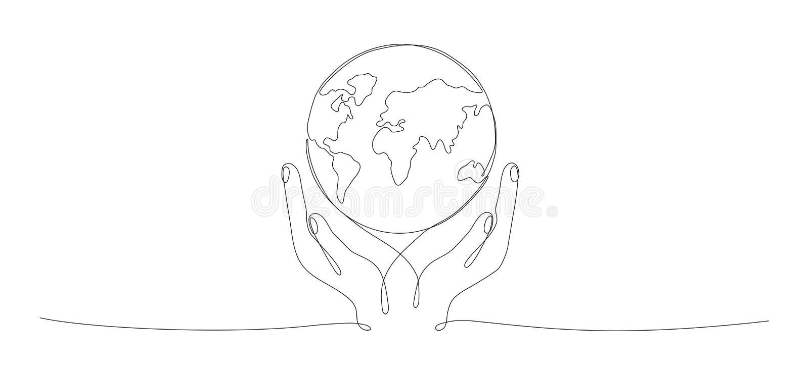 Human Hands Holding Earth Globe Continuous Line Art Drawing Stock