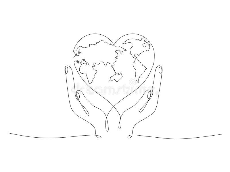 Human Hands Holding Earth Globe Continuous Line Art Drawing Stock