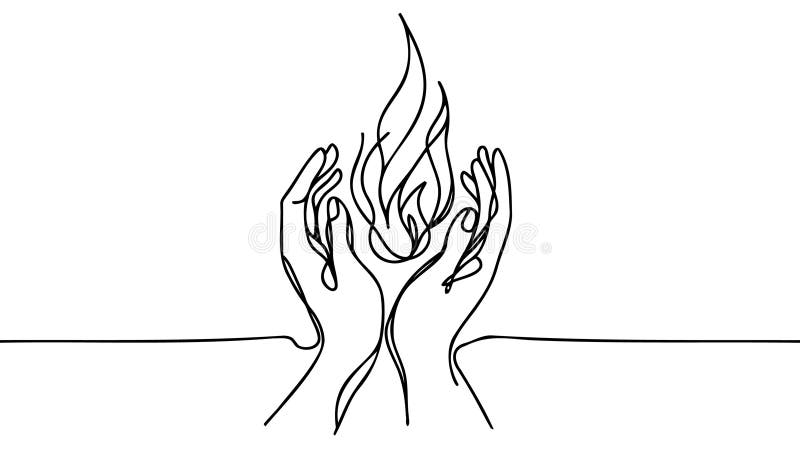 Human Hands Holding a Flame, Fire. Continuous One Line Drawing on White ...